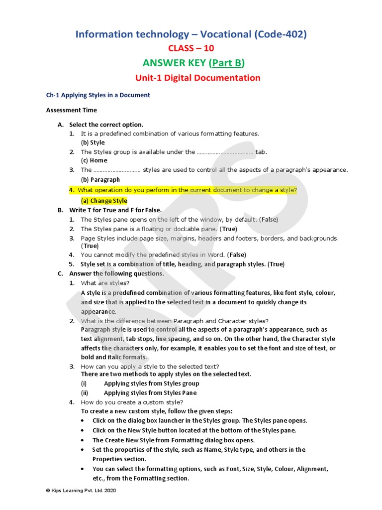 Information Technology - Vocational (Code-402) : Answer Key (Part B ...
