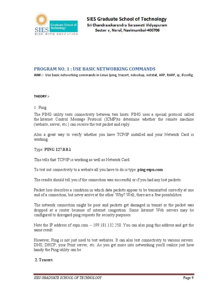 Program No. 1: Use Basic Networking Commands: 1. Ping | PDF | Ip ...