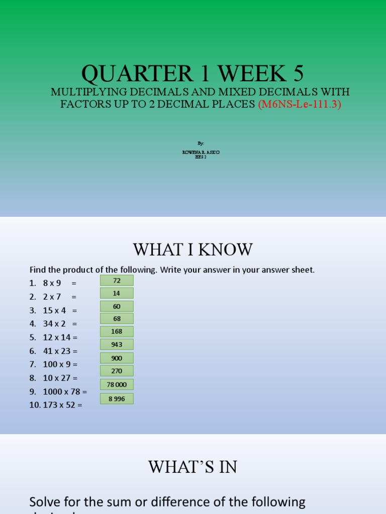 Quarter 1 Week 5: Multiplying Decimals and Mixed Decimals With Factors ...