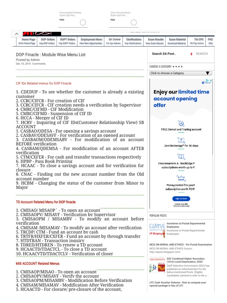 DOP Finacle - Module Wise Menu List - SA POST | PDF | Cheque ...
