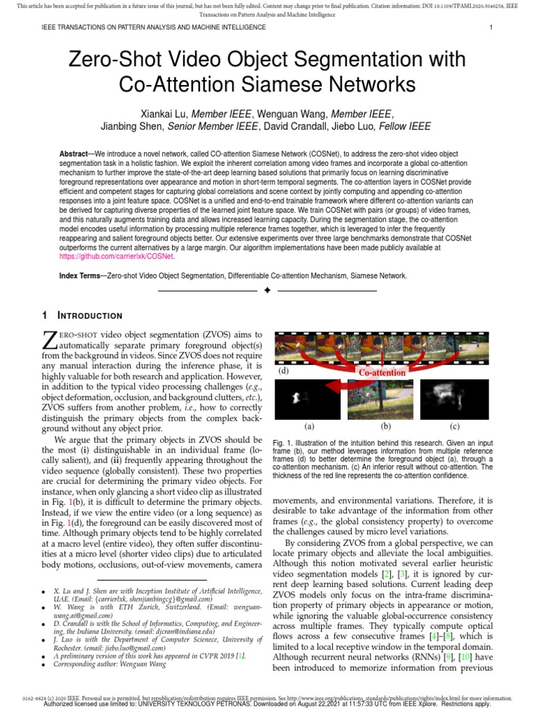 Zero-Shot Video Object Segmentation With Co-Attention Siamese Networks | PDF | Image ...