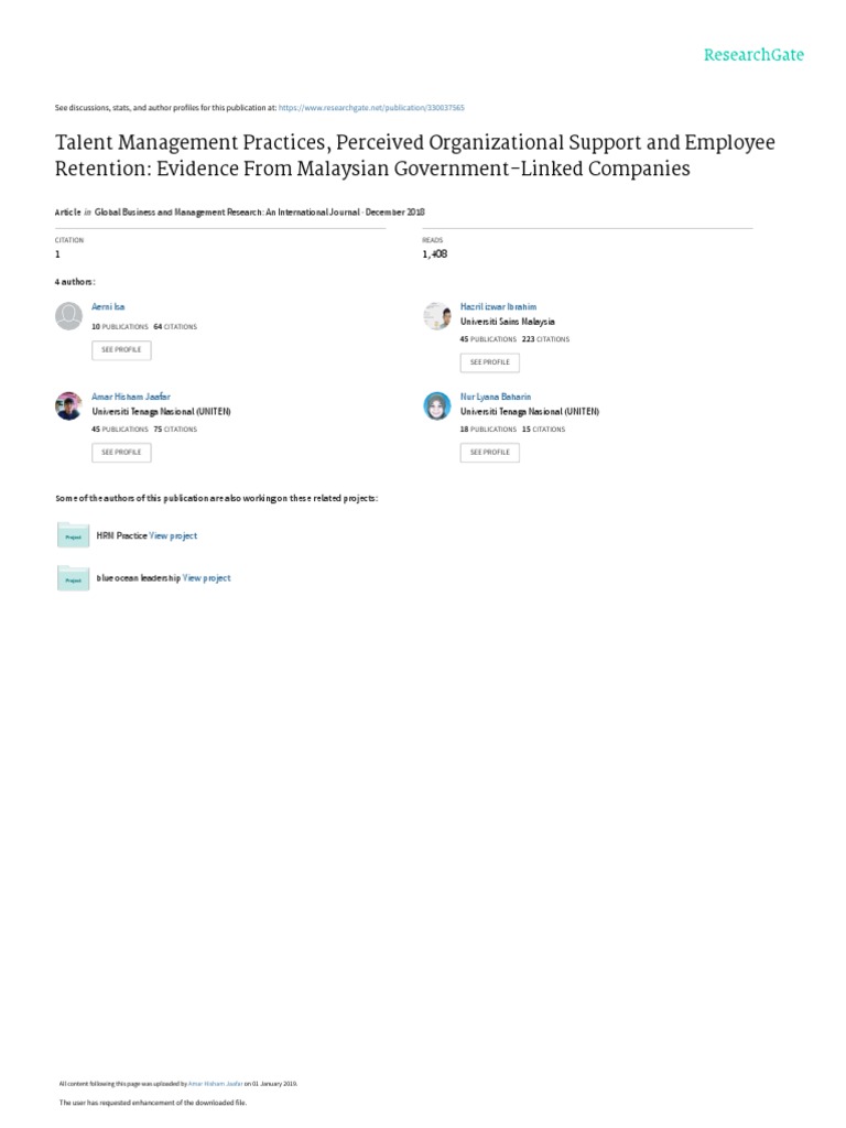 Talent Management Practices, Perceived Organizational Support and Employee Retention: Evidence ...