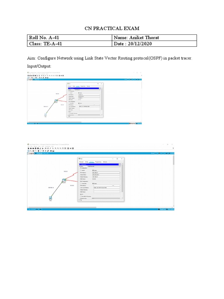CN Practical Exam Roll No. A-41 Name: Aniket Thorat Class: TE-A-41 Date: 20/12/2020 | PDF