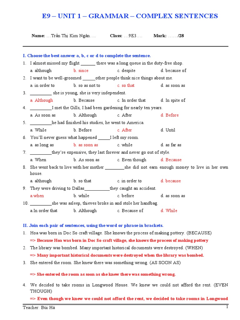 Complex Sentences Grammar Exercises | PDF