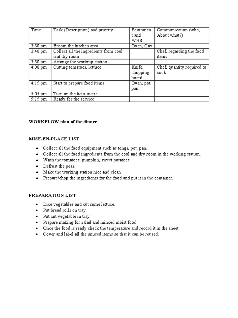 Dinner Work Flow Plan | PDF