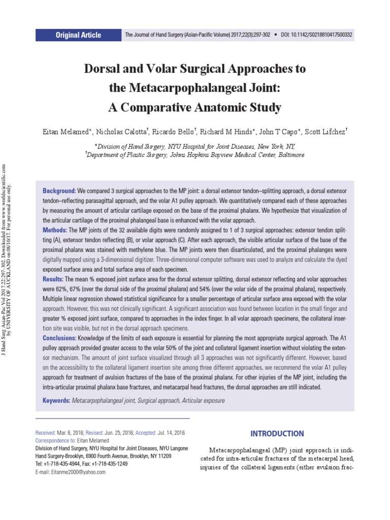 Dorsal and Volar Surgical Approaches To The Metacarpophalangeal Joint ...