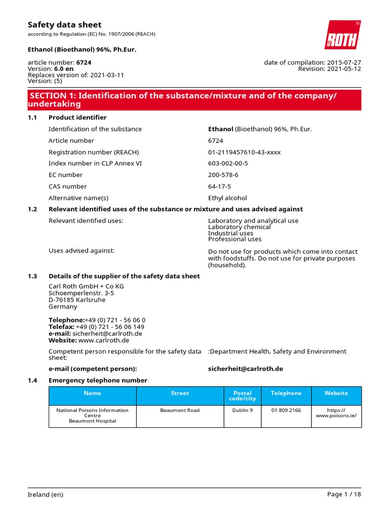 Ethanol (Bioethanol) Safety Data Sheet | PDF | Dangerous Goods | Toxicity