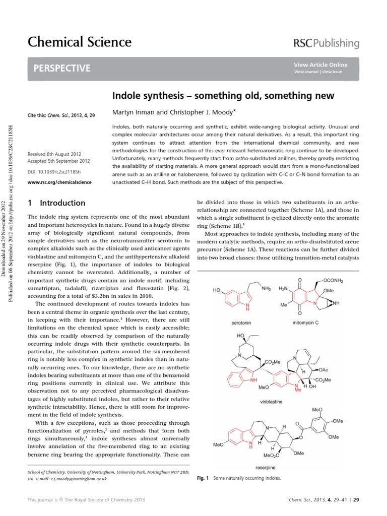 Indole Synthesis - Something Old, Something New | PDF | Chemical Reactions | Organic Synthesis