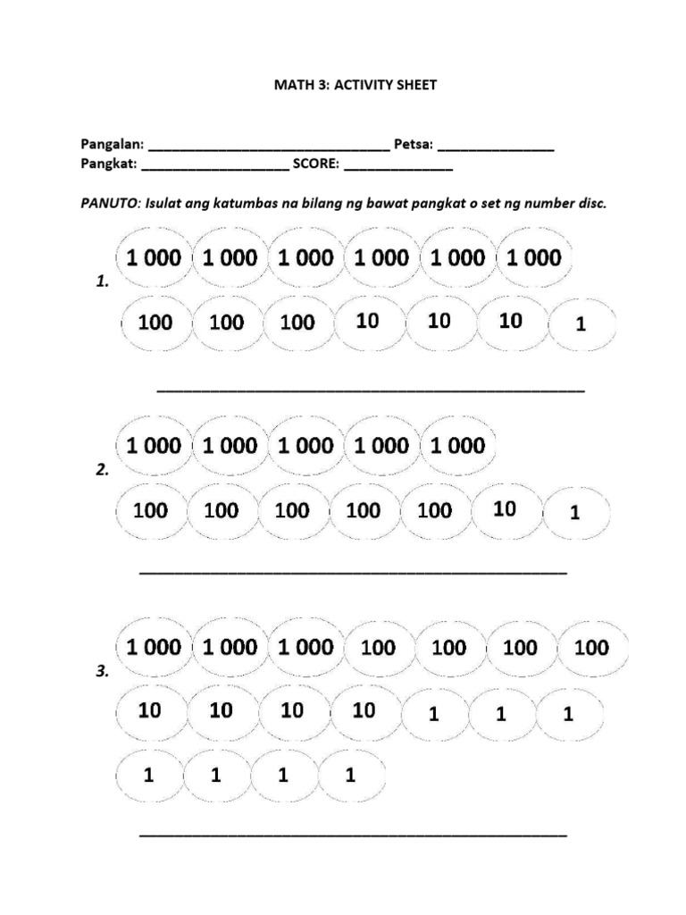 Math 3: Activity Sheet: PANUTO: Isulat Ang Katumbas Na Bilang NG Bawat ...