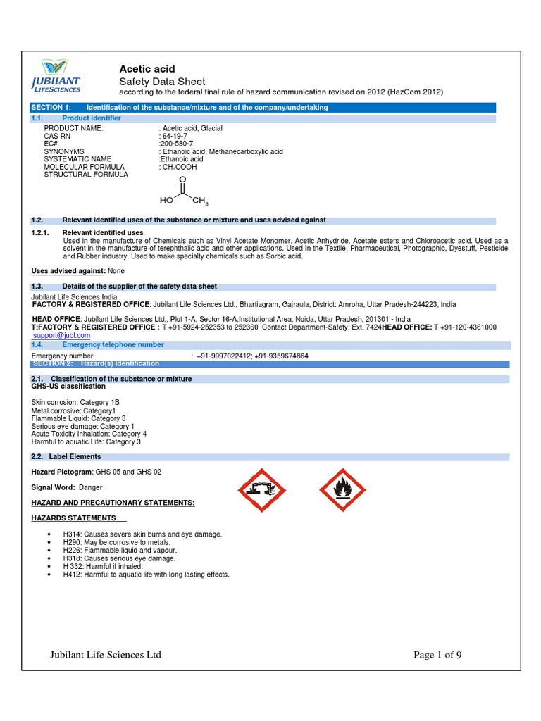 Acetic Acid SDS Safety Summary | PDF | Dangerous Goods | Workplace
