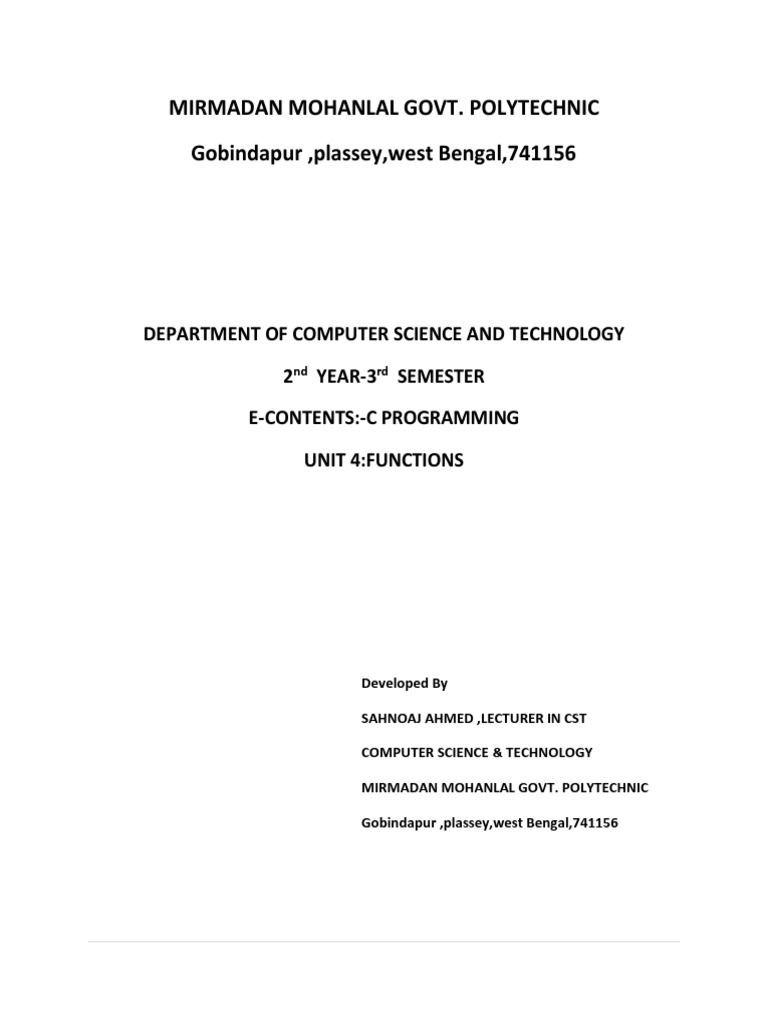 C Program Unit4 Pdf Subroutine Parameter Computer Programming