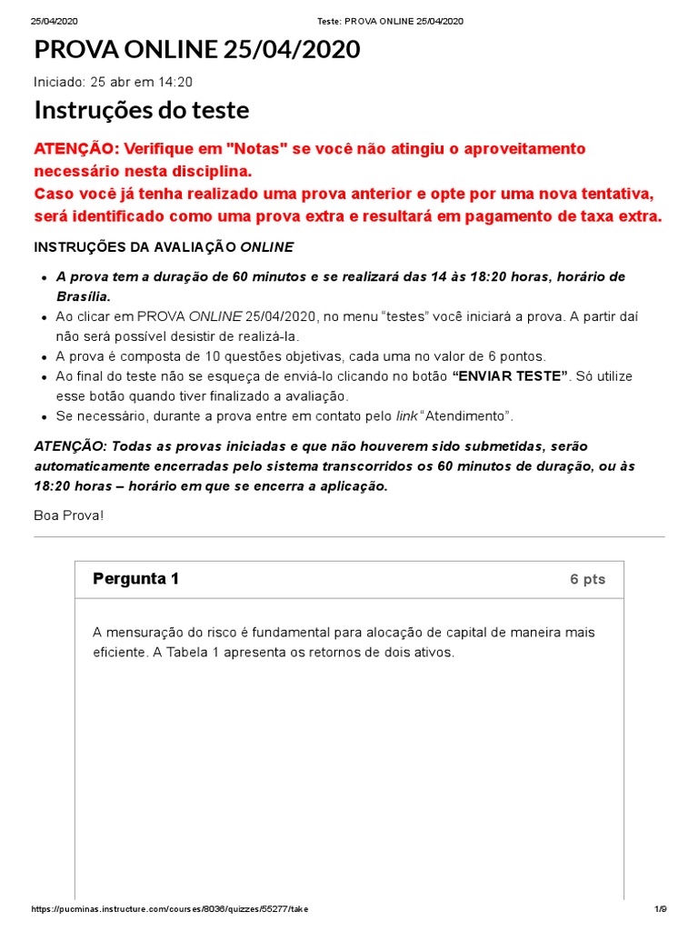 Teste - Prova Online 25-04-2020-Realizada | PDF | Risco | Juros