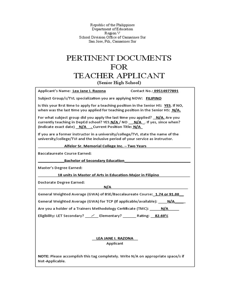 Pertinent Paper For DepEd Application DOC FRONT | PDF