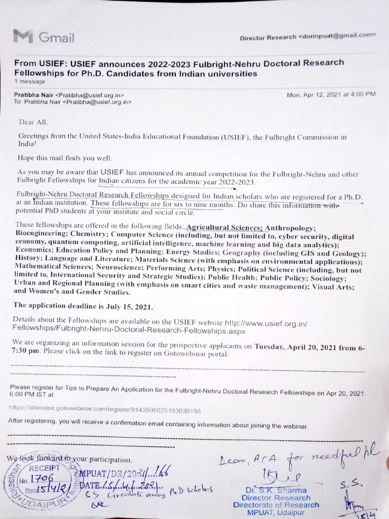 Fulbright Nehru Doctoral Fellowship Pdf Science Doctor Of Philosophy