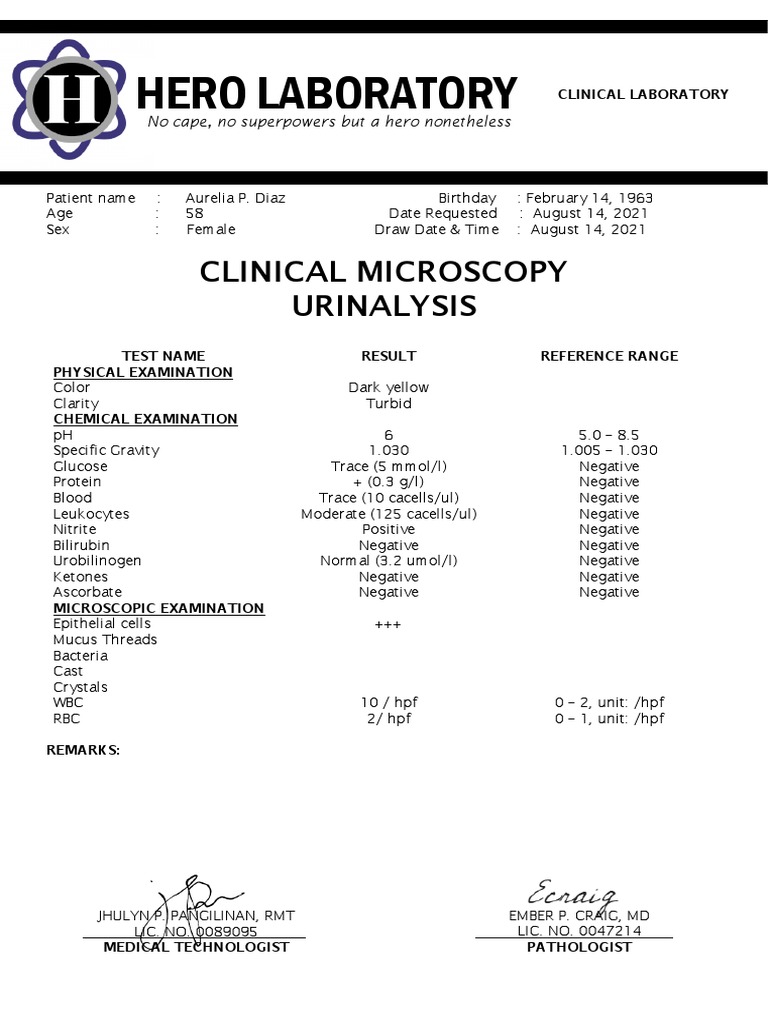 Urinalysis Report for Aurelia P. Diaz | PDF