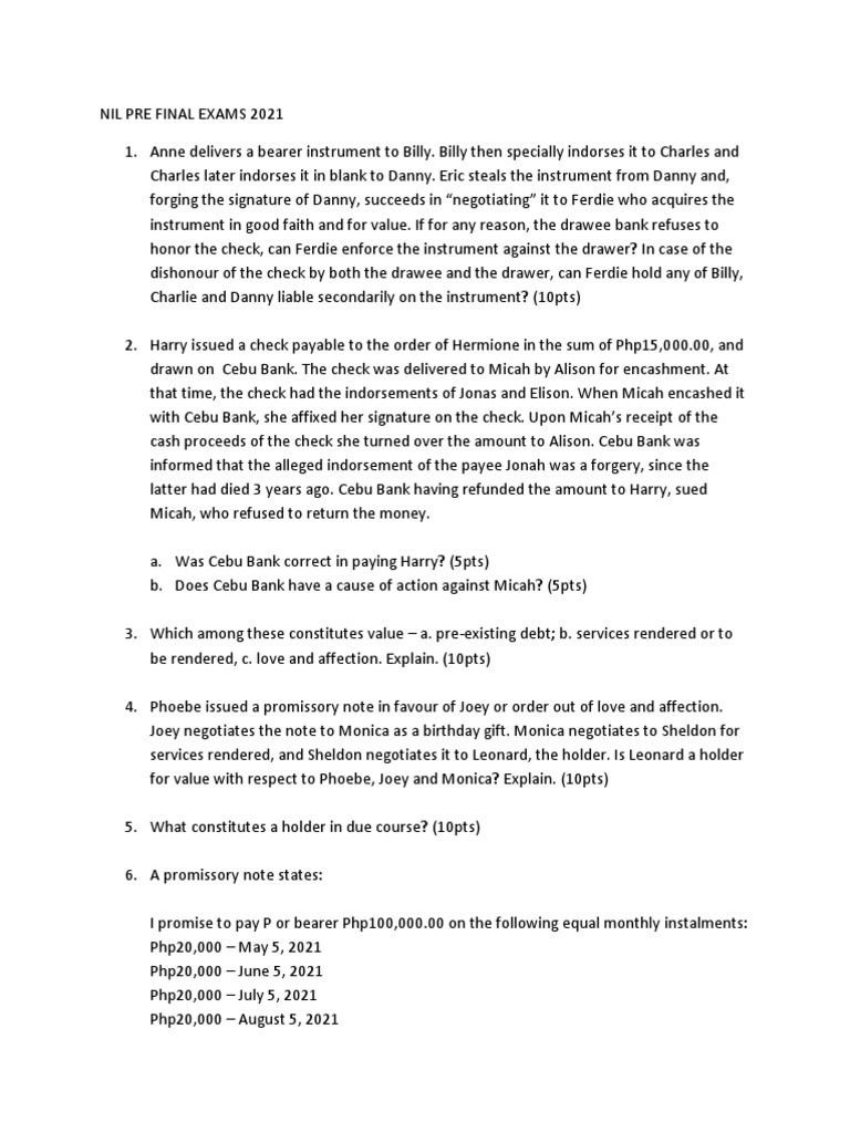 Nil Pre Final Exams 2021 | PDF | Cheque | Promissory Note