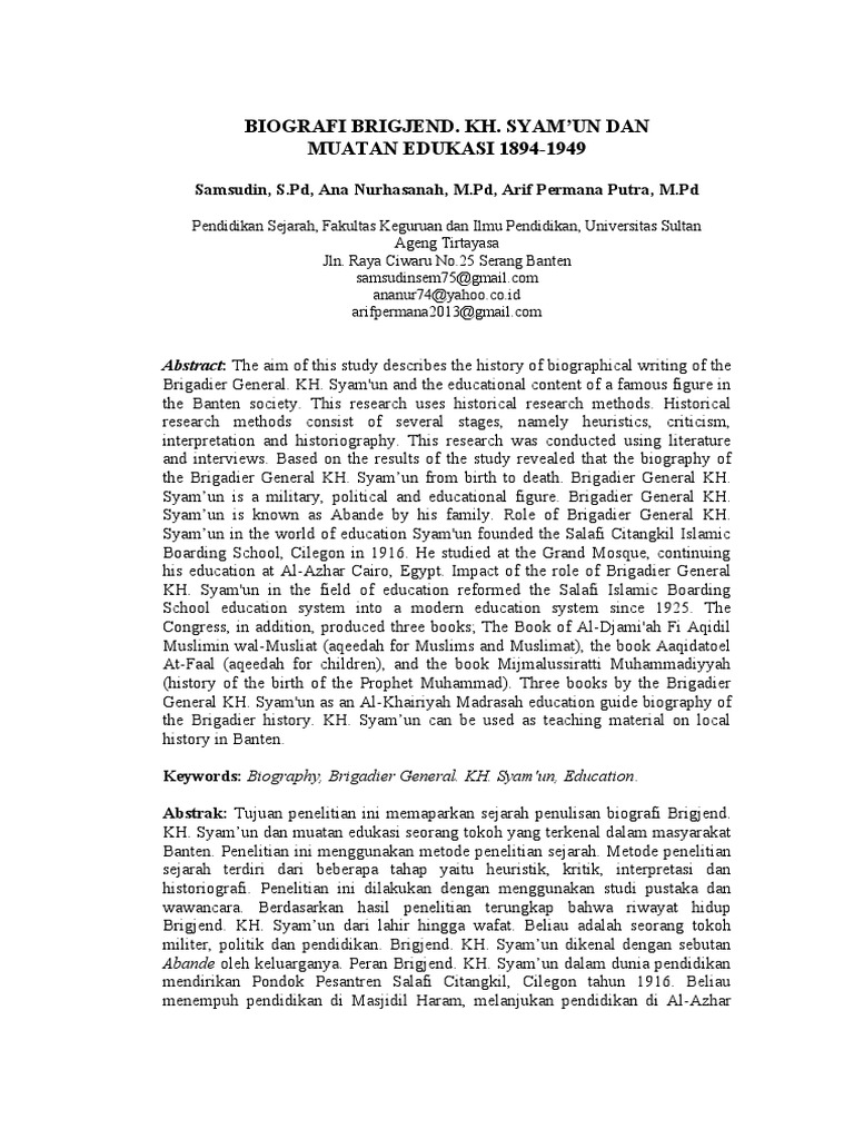 2288150015.samsudin - Jurnal. Biografi Brigjend. KH. Syam'un Dan Muatan Edukasi. Pendidikan ...