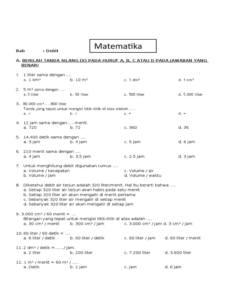 Soal Matematika Bab 2 Debit | PDF