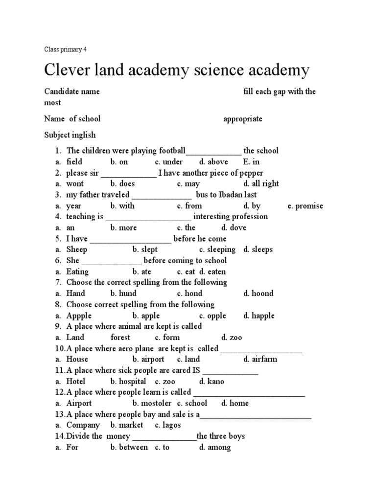 Clever Land Academy Science Academy: Class Primary 4 | PDF