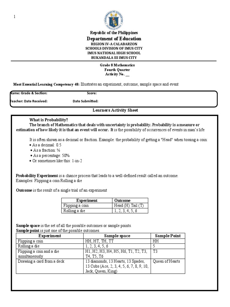 Department of Education: Learners Activity Sheet | PDF | Probability ...