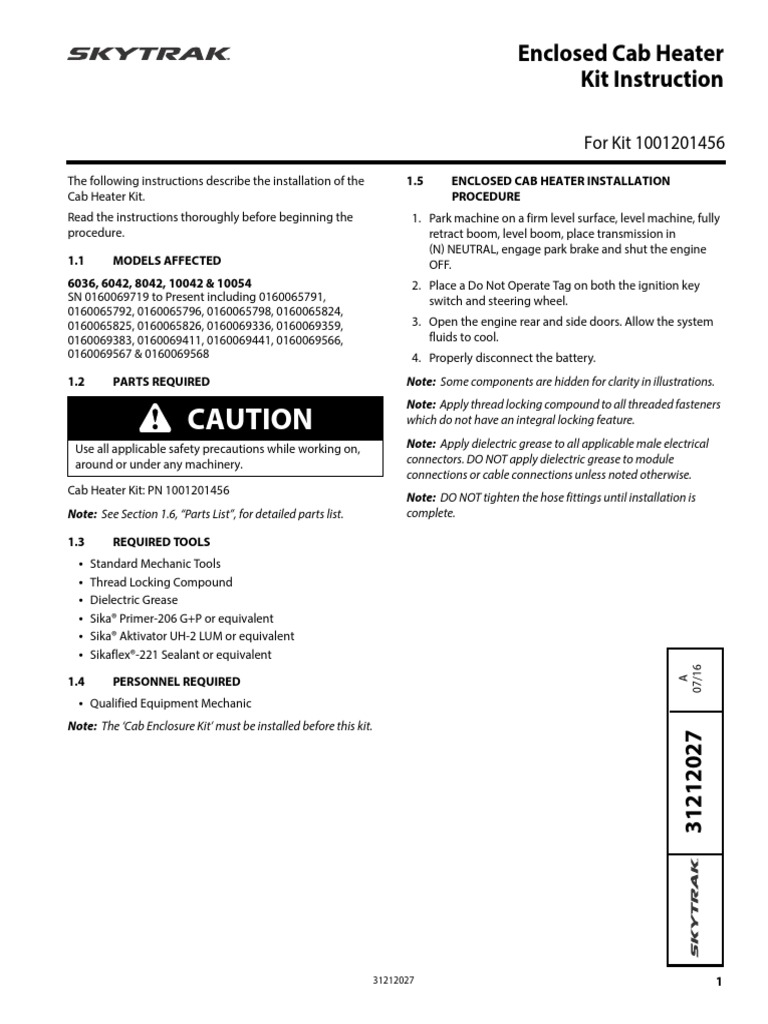 A - SkyTrak - 6036, 6042, 8042, 10042 & 10054 - Enclosed Cab Heater Kit ...