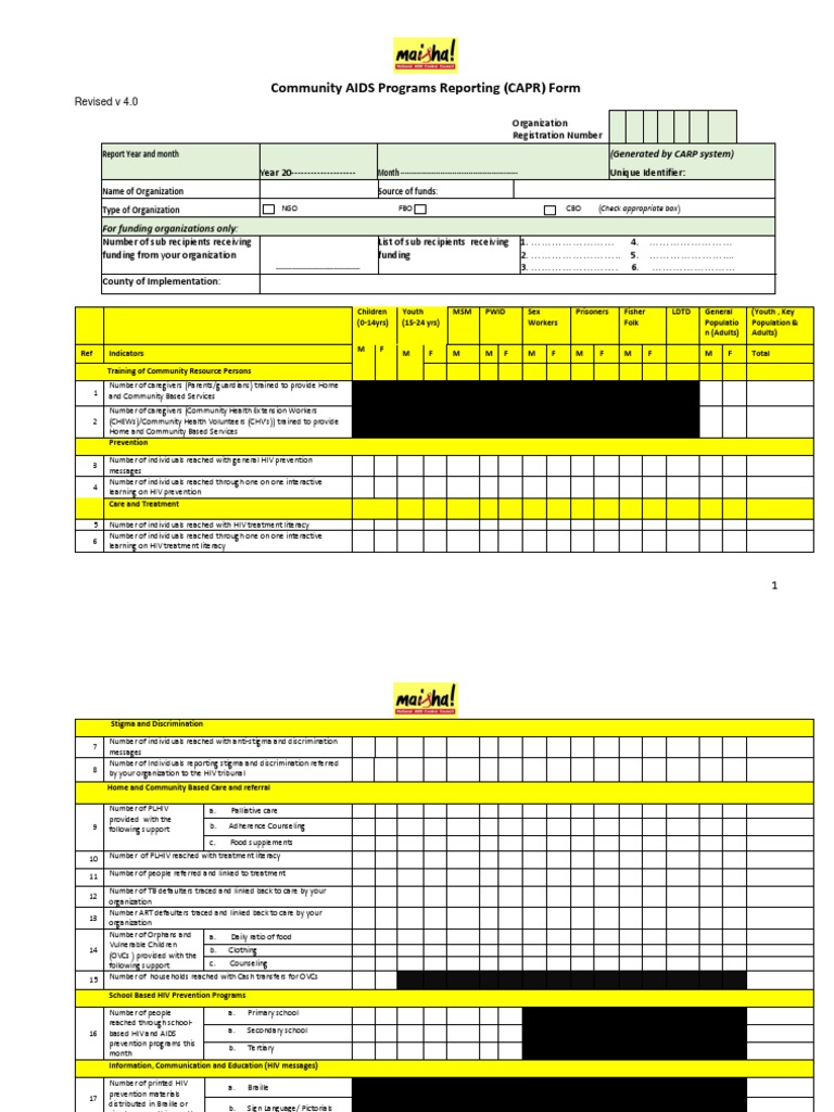 Community AIDS Programs Reporting (CAPR) Form: Report Year and Month ...