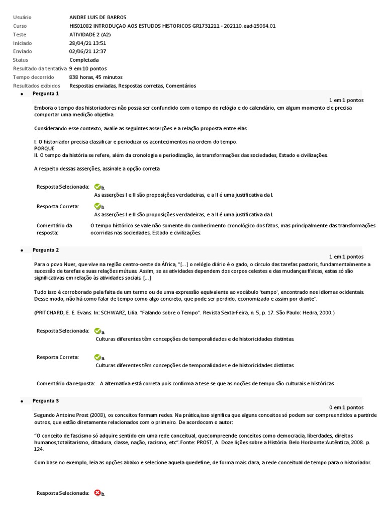 Prova Atividade A2 Corrigida | PDF | Tempo | Historiografia