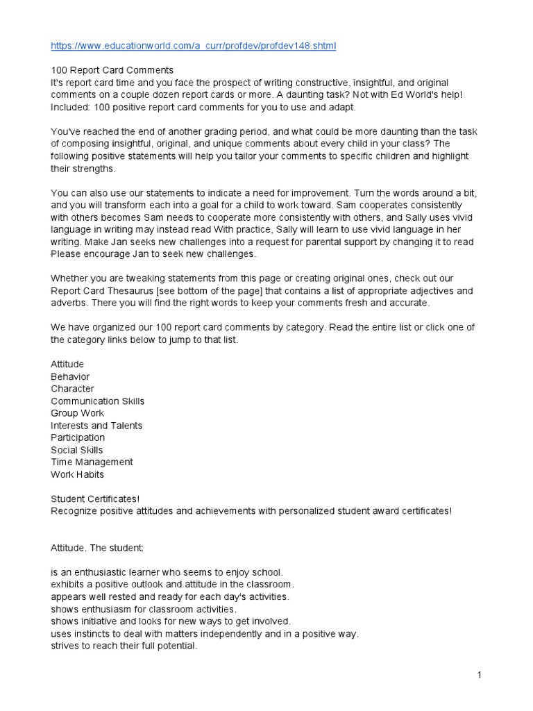 100 Report Card Comments | PDF | Classroom | Teachers