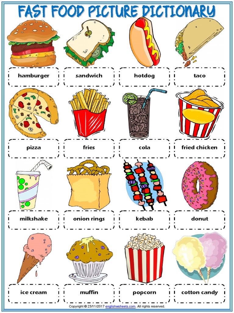 Fast Food Vocabulary Esl Picture Dictionary Worksheet For Kids | PDF