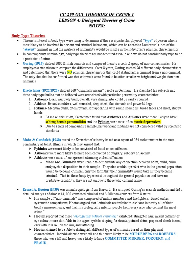 Lesson 4 Notes - Biological Theories of Crime | PDF | Criminology | Crimes