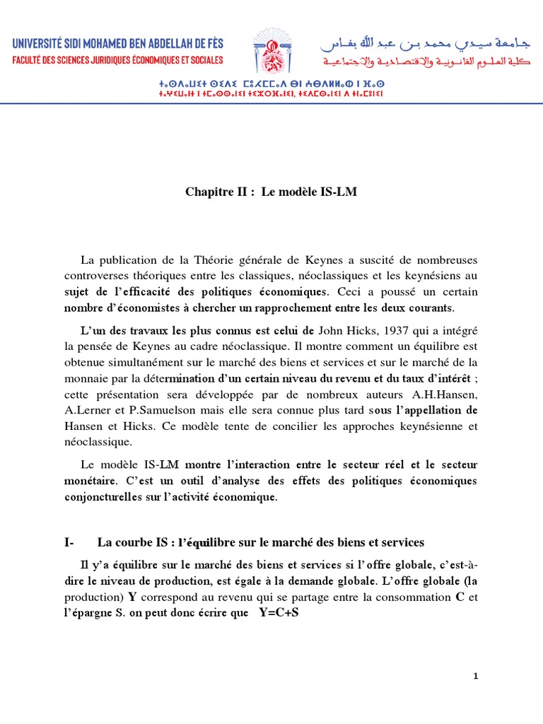 Chapitre II Le Modèle IS-LM | PDF | Keynésianisme | Argent