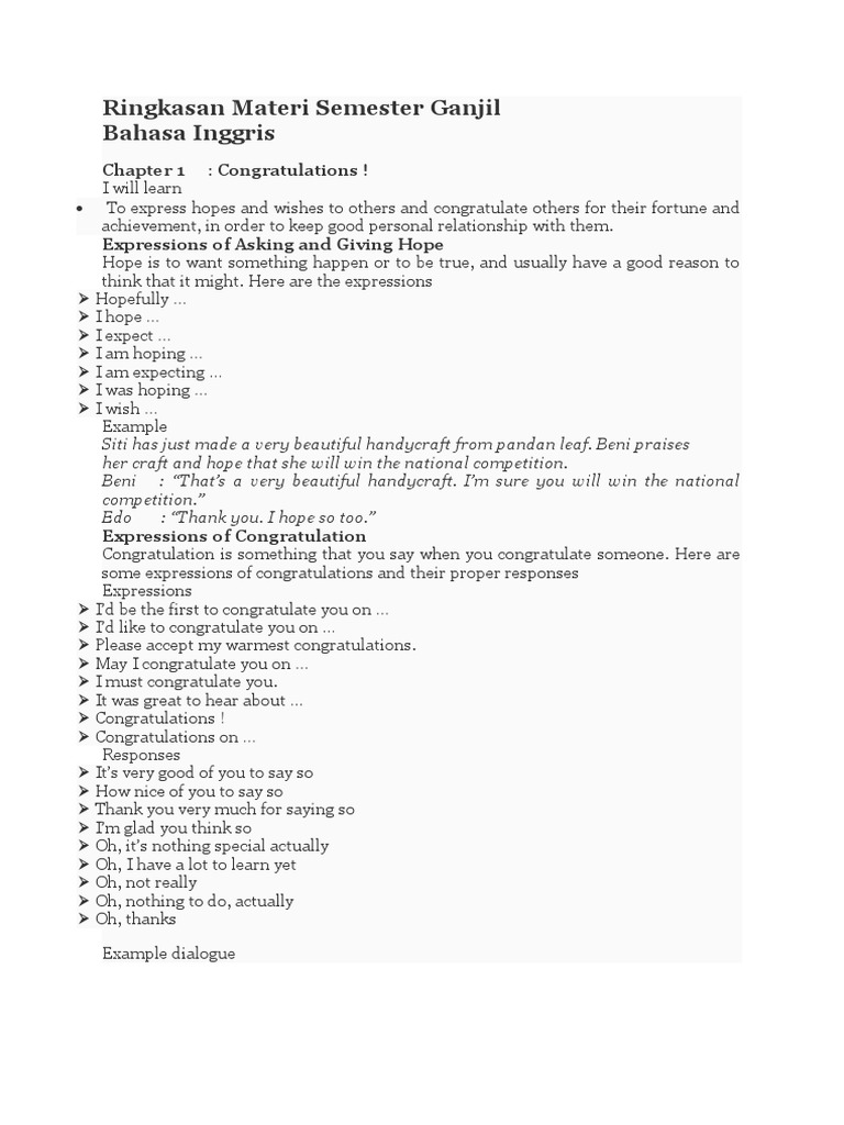Ringkasan Materi Semester Ganjil Bahasa Inggris: Chapter 1: Congratulations ! | PDF | Adverb | Verb
