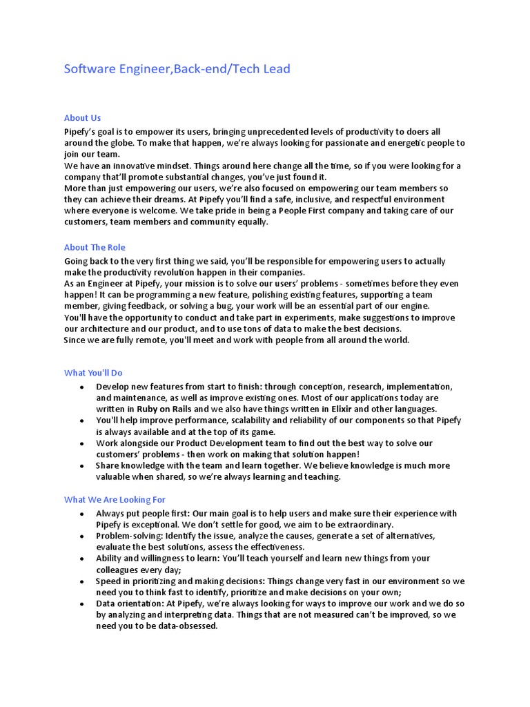 Pipefy - Software Engineer Back End or Tech Lead | PDF | Computing | Information Age