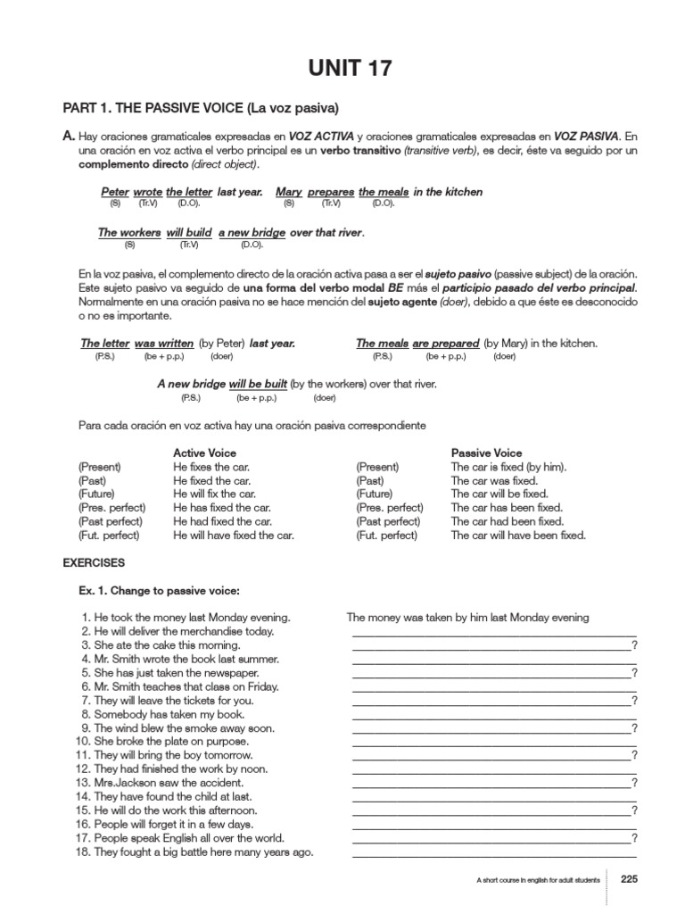 Unit 17: PART 1. THE PASSIVE VOICE (La Voz Pasiva) A | PDF | Linguistics