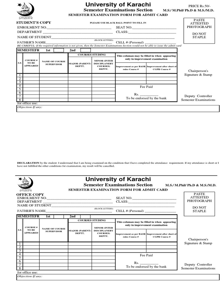 Semester Examinations Section: Semester Examination Form For Admit Card ...