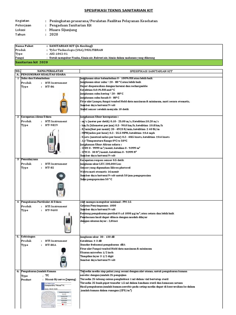 Spesifikasi Teknis Sanitarian Kit | PDF