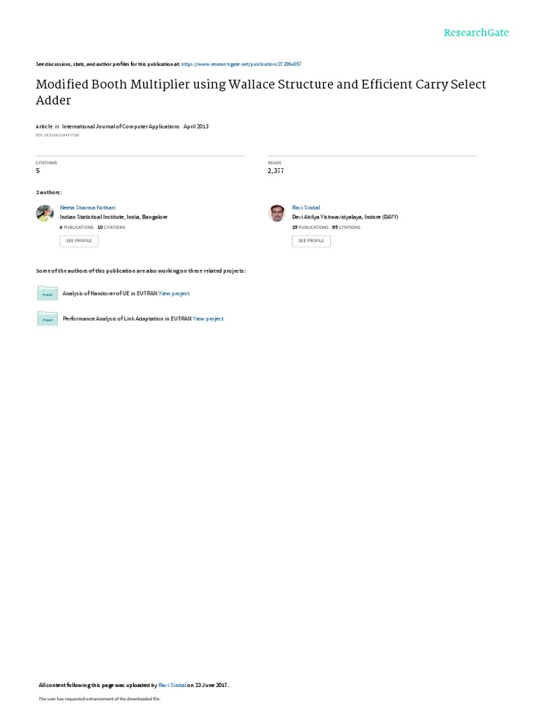 Modified Booth Multiplier Using Wallace Structure | PDF | Computer ...