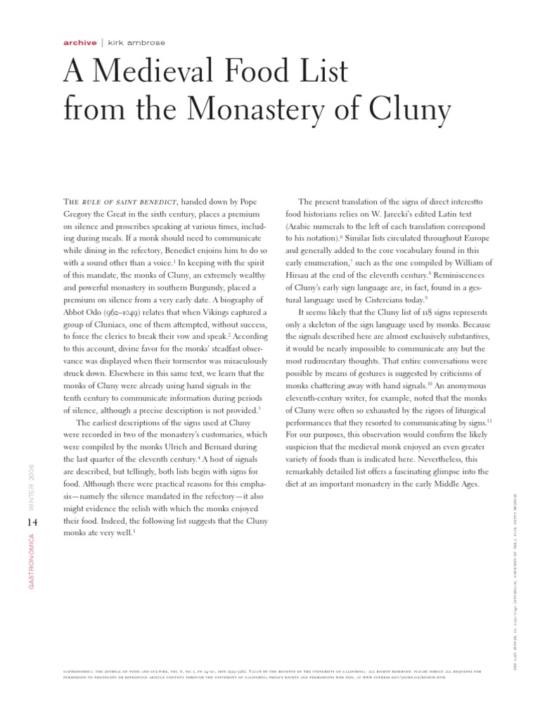Ambrose - A Medieval Food List From Cluny | PDF