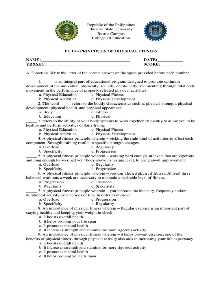 Pe 10 - Principles of Physical Fitness - Midterm Exam | PDF | Physical Fitness | Cardiovascular ...