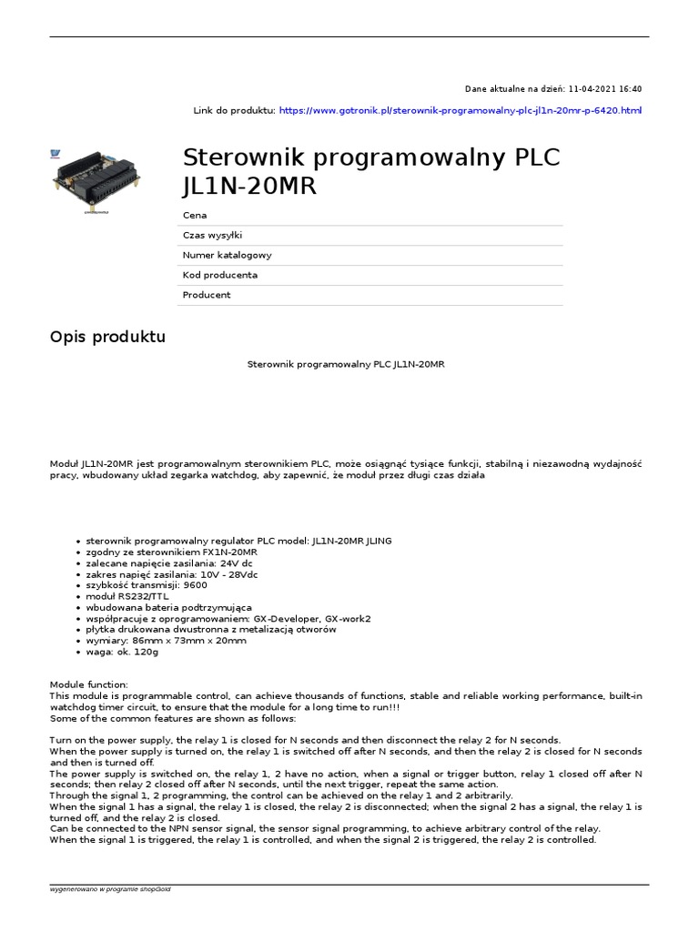 Sterownik Programowalny PLC JL1N-20MR: Opis Produktu | PDF | Programmable Logic Controller | Relay
