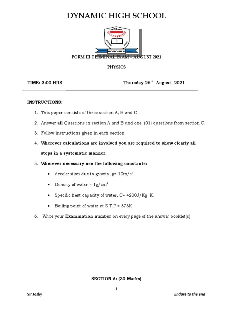 Dynamic High School: Form Iii Terminal Exam - August 2021 Physics | PDF ...