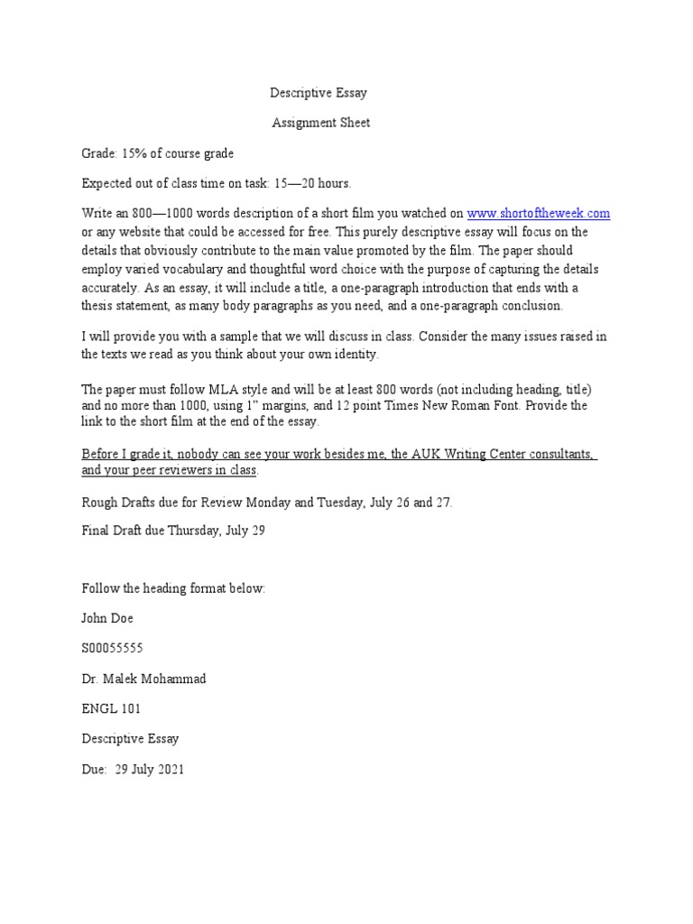 English 101 Descriptive Essay Assignment - Summer 2021 | PDF