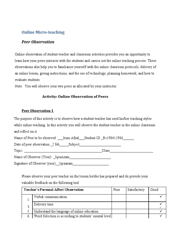 Online Micro-Teaching: Peer Observation | PDF | Teachers | Educational ...
