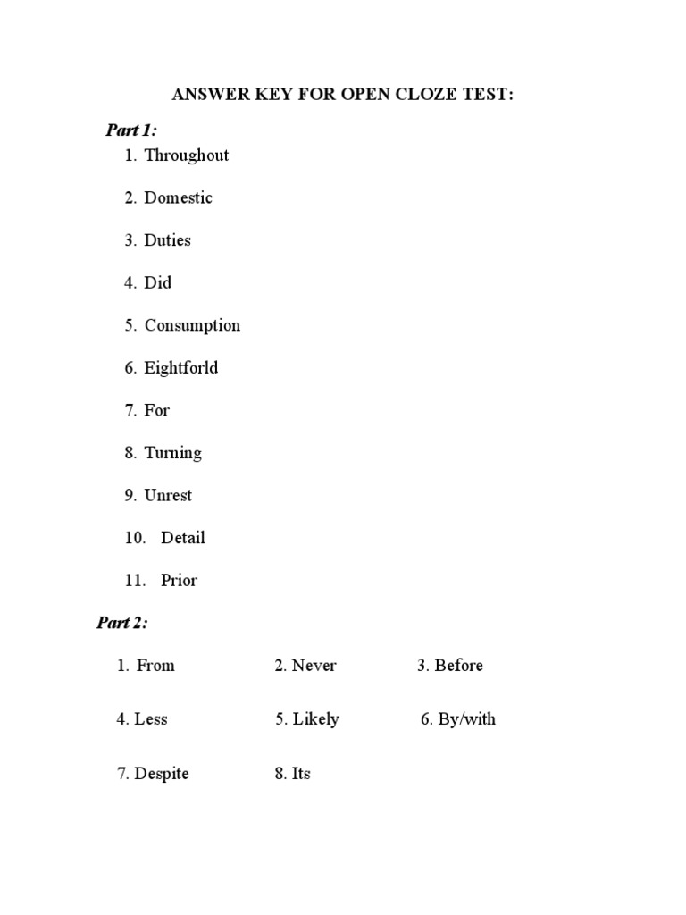 Answer Key For Open Cloze Test | PDF