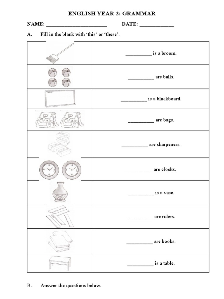 Year 2 Grammar: This and These Worksheet | PDF