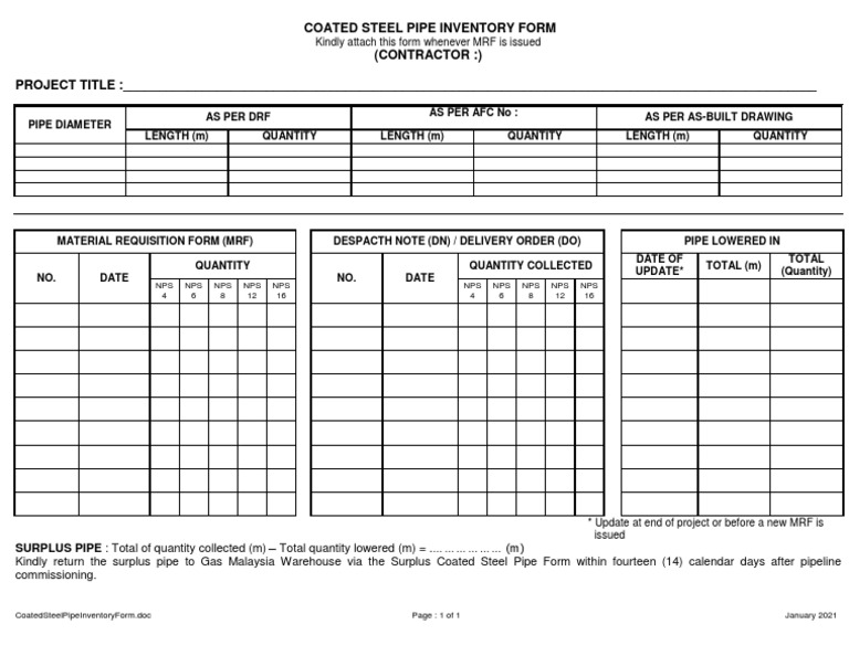 Coated Steel Pipe Inventory Form - January 2021 | PDF | Pipe (Fluid ...