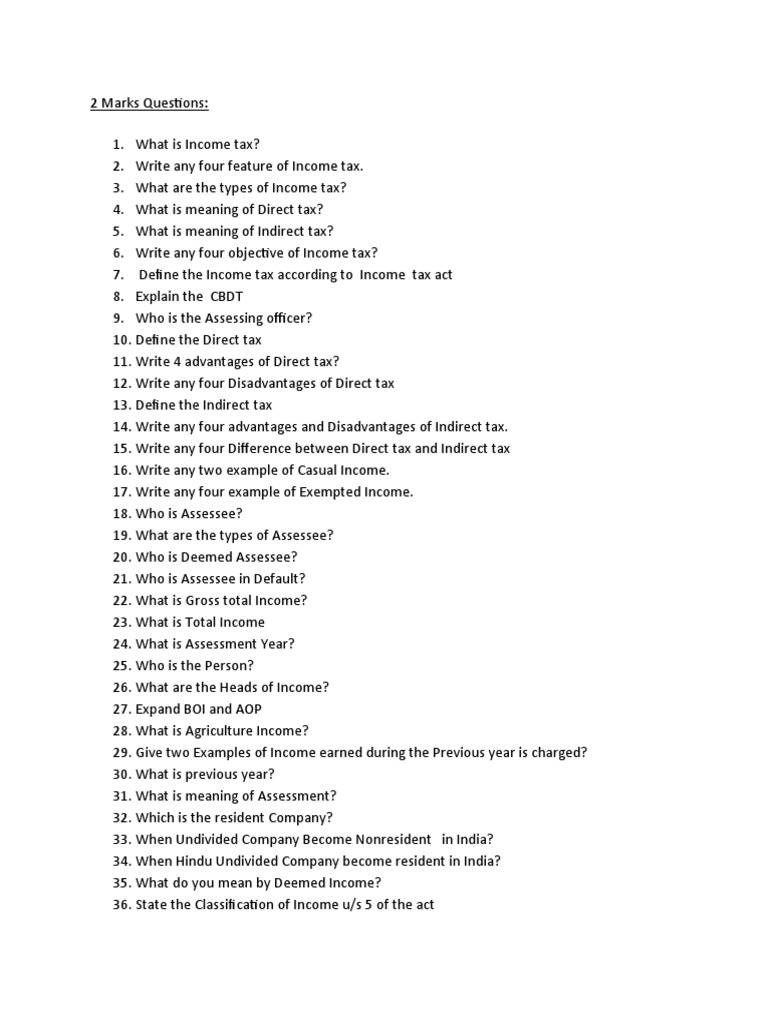 2 Marks Question On INcome Tax 1st Chapter | PDF | Income Tax | Taxes