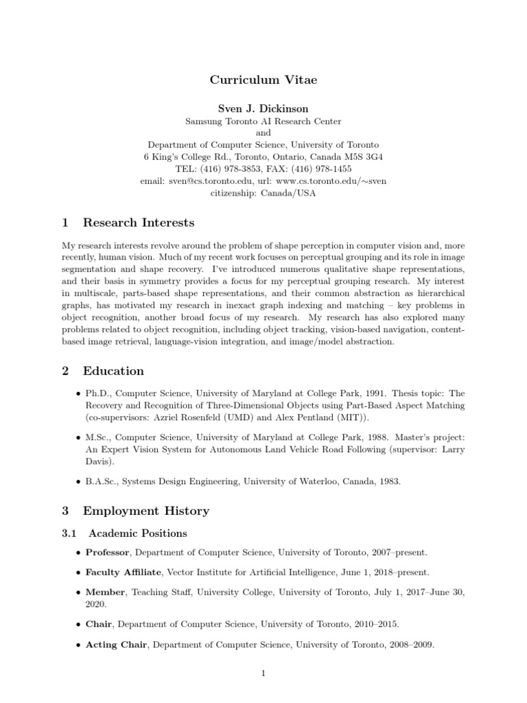 Curriculum Vitae: Sven J. Dickinson | PDF | Computer Vision ...