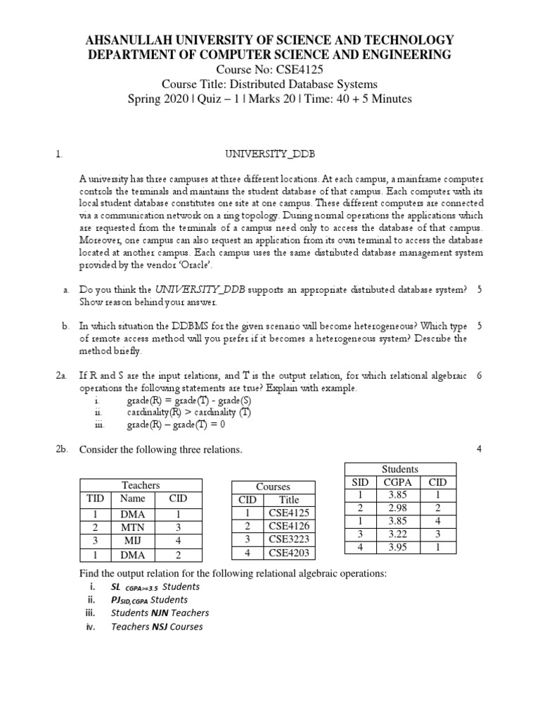 Course No: CSE4125 Course Title: Distributed Database Systems Spring ...