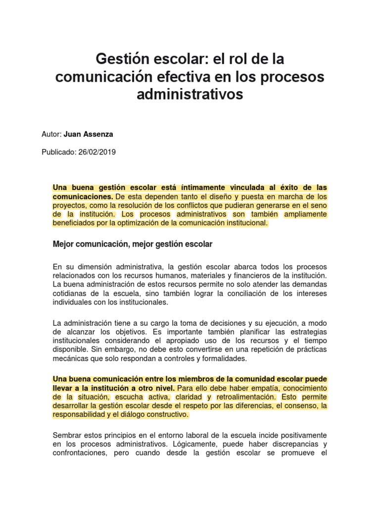 Gesti N Escolar El Rol de La Comunicaci N Efectiva en Los Procesos Administrativos | PDF ...
